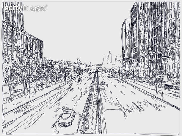 abstract line drawing style city street transportation scene 이미지 ...