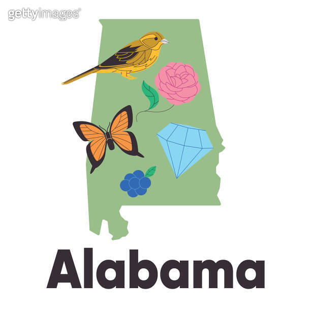 Alabama map icon of united states symbol yellow hammer bird butterfly ...