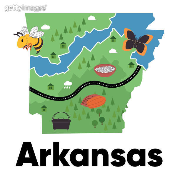 Arkansas states map shape with green forest natural animal and icon ...