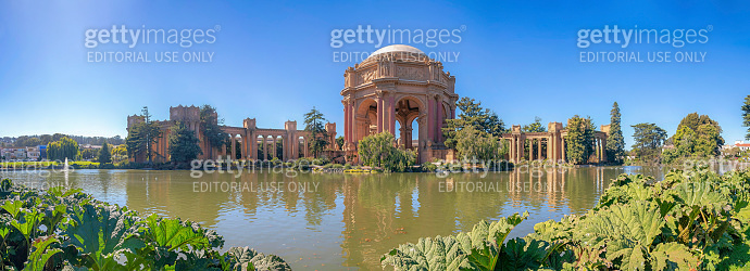 Scenic panoramic landscape with an open rotunda amid a lagoon against ...