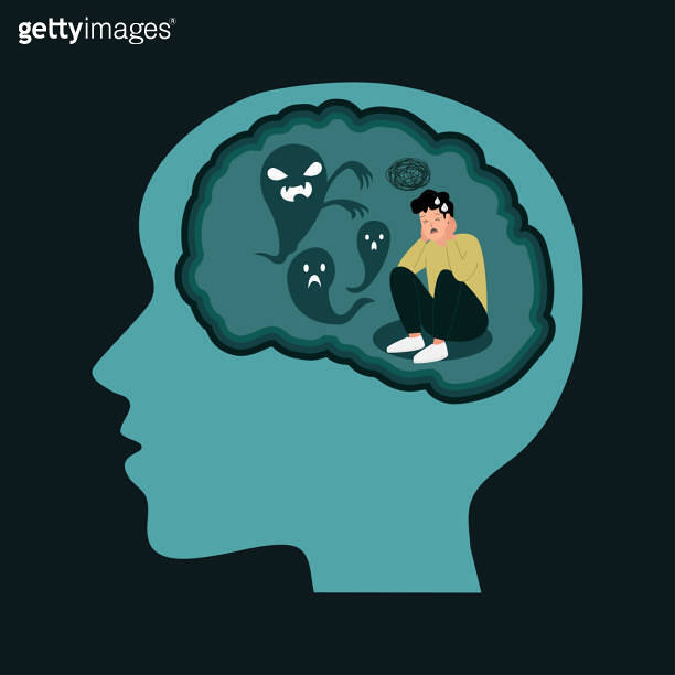 man with schizophrenia illness hallucinating a dark shadow. Cartoon ...