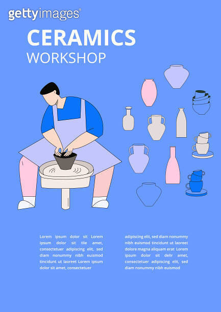 Ceramics workshop poster. Young man behind potters wheel hand building ...