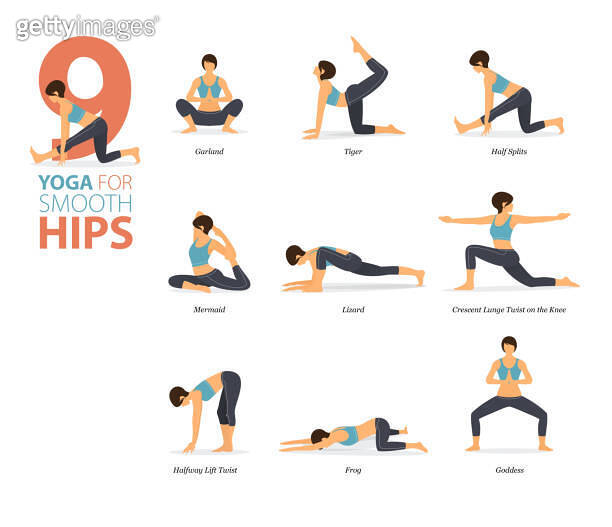 9 Yoga poses or asana posture for workout in smooth hips concept. Women ...