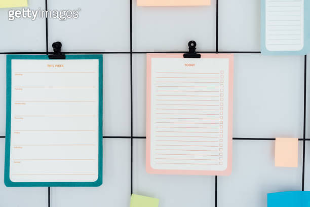 Close up grid mood inspiration board with mockup empty notes, Check ...