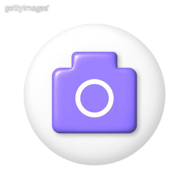 Purple camera icon on white round button. 3D vector illustration ...