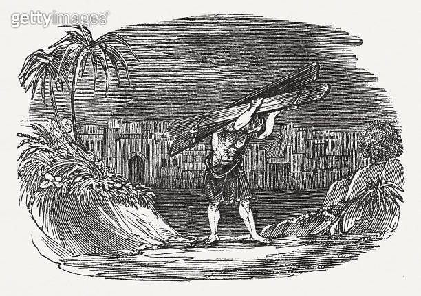 Samson carrying the gate of Gaza (Judges 16), woodcut, 1835 (1514287728 ...