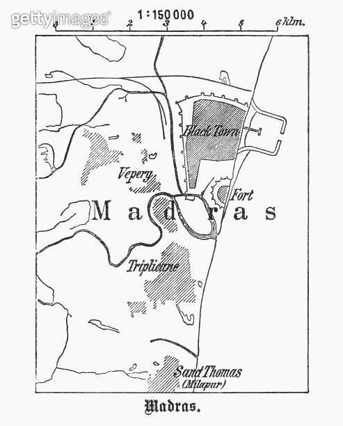 Map of Chennai (Madras), Tamil Nadu, India, woodcut, published 1899 ...