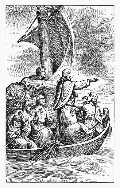 Jesus calms the storm (Matthew 8, 23-27), woodcut, published 1898 ...