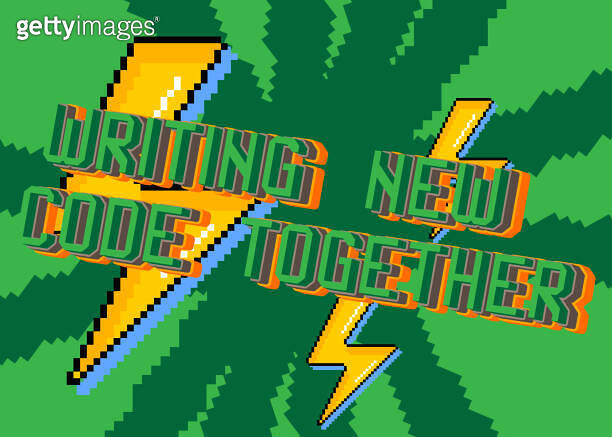 Writing New Code Together. Pixelated text with geometric graphic ...