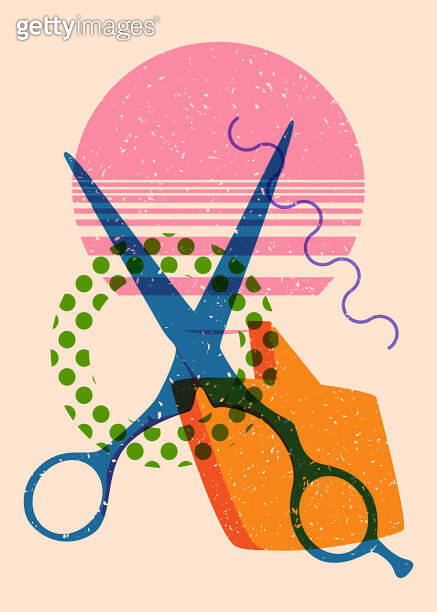 Risograph scissor with speech bubble with geometric shapes. Objects in ...