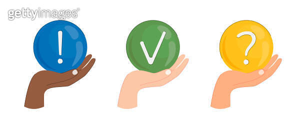 Human hands holding question mark sign, exclamation mark and tick in a ...