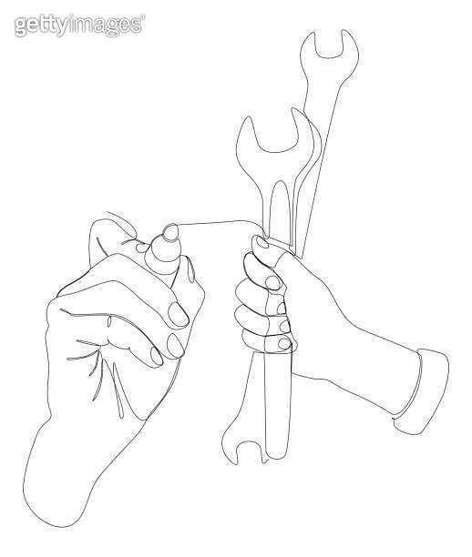 One continuous line of Wrench drawn with a pencil, felt tip pen. Thin ...