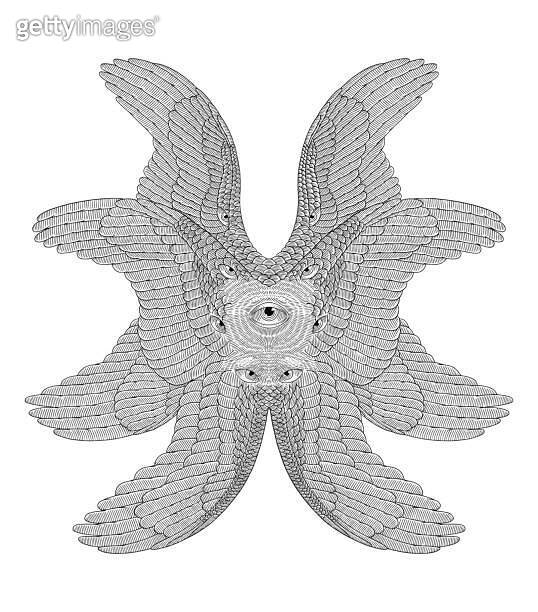 Seraphim, eight winged Angel and nine eye. Vintage Engraving drawing ...