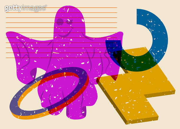 Risograph Halloween Ghost with geometric shapes. Holiday in trendy riso ...