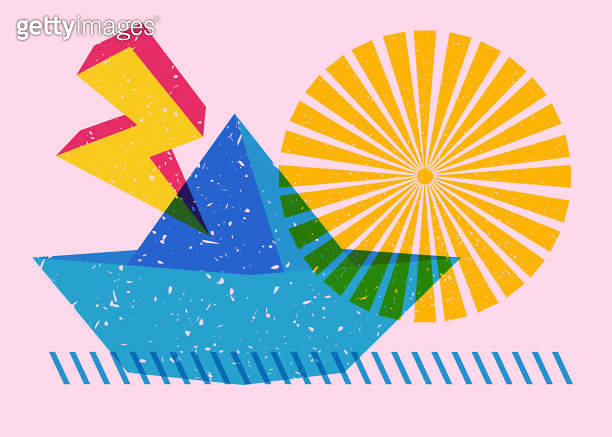 Risograph paper ship with geometric shapes. Origami boat with geometry ...