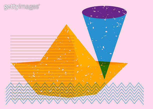 Risograph paper ship with geometric shapes. Origami boat with geometry ...