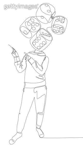 One continuous line of Man pointing with dice as his head, symbol of ...
