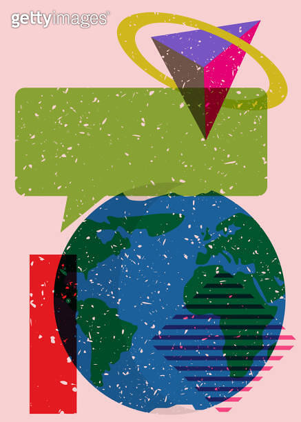 Planet Earth and speech bubble with colorful geometric shapes. Object in trendy riso graph ...