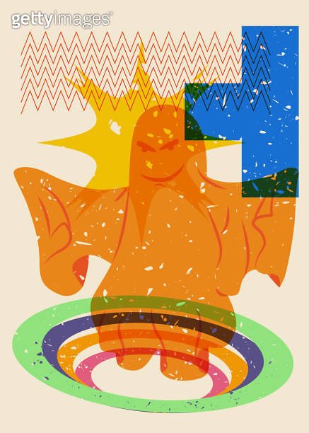Risograph Halloween Ghost with geometric shapes. Holiday in trendy riso ...