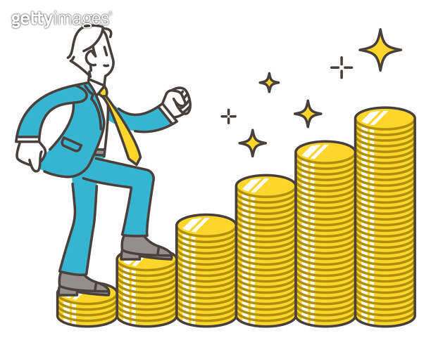 Male business person going up a staircase made of money. Concept of ...
