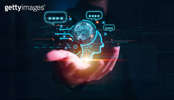 Businessman holding hologram digital chatbot, conversational assistant ... Businessman holding hologram digital chatbot, conversational assistant ...