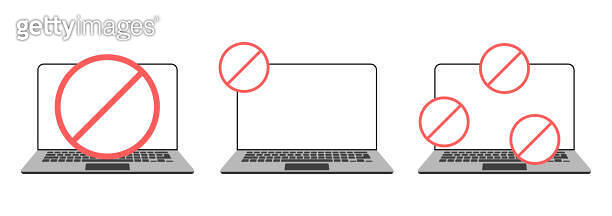 Banned laptop sign. Warning, laptop with forbidden sign on screen ...