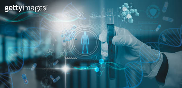 Futuristic laboratory, doctor or scientist holding glass tube ...