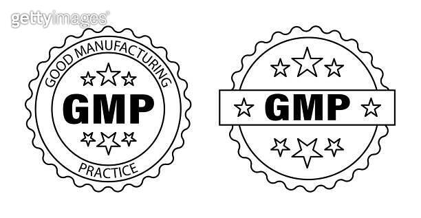 GMP set of round badges. Certified industrial stickers for products ...