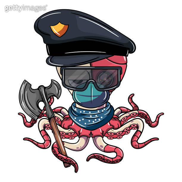 Cartoon police cyborg octopus character with safety glasses, protection ...