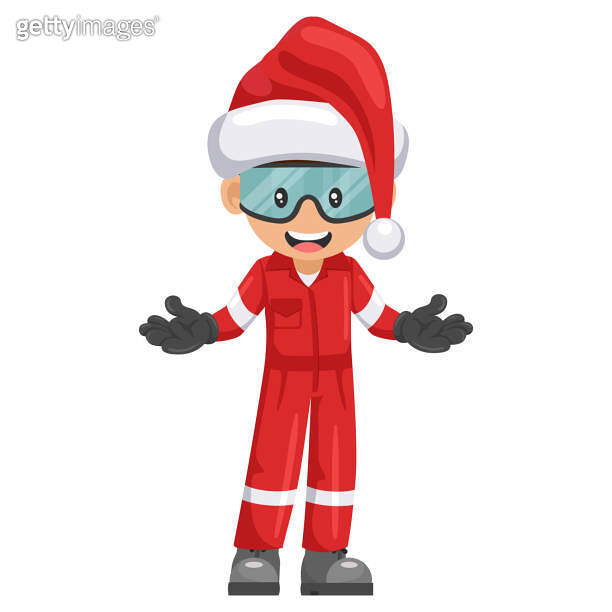 Industrial mechanical worker with Santa Claus hat with open hands ...