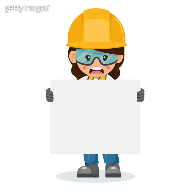 Upset industrial woman worker in his personal protective equipment holding banner with space for ...