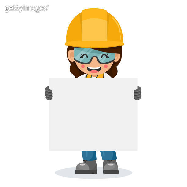 Industrial woman worker with his personal protective equipment holding banner with space for ...