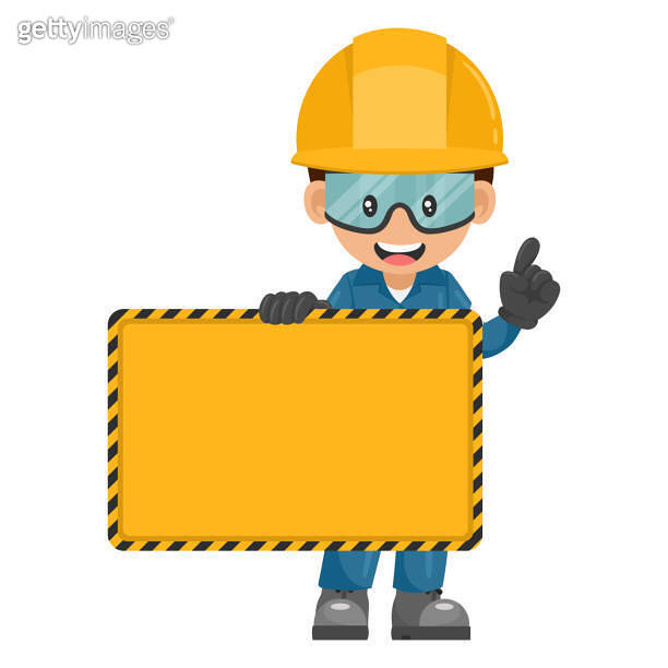 Industrial mechanic worker with his personal protective equipment holding a banner with space ...