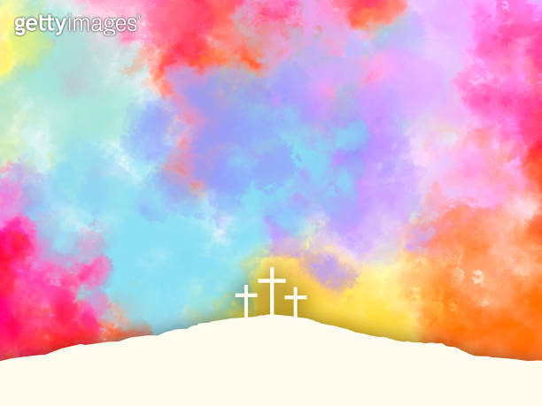 Christian Easter background with three crosses on hill of calvary with ...