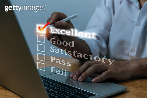 Feedback. people hand pointing pen on digital checklist box with laptop ...
