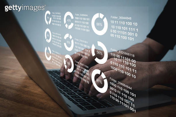 IT programmer people hand working on laptop computer with digital database diagram, workflow ...