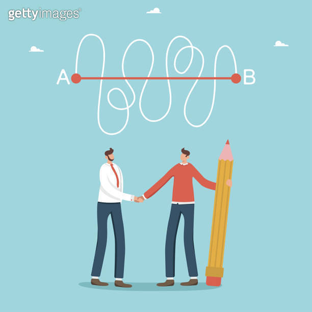 Men drew direct path from point A to point B and shake hand 이미지 ...