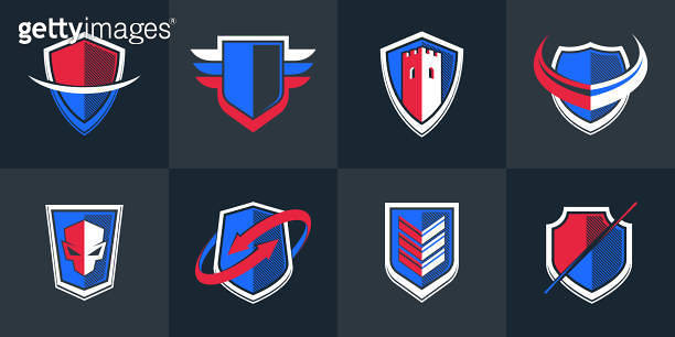 Classic shields shapes set with different additional elements vector ...