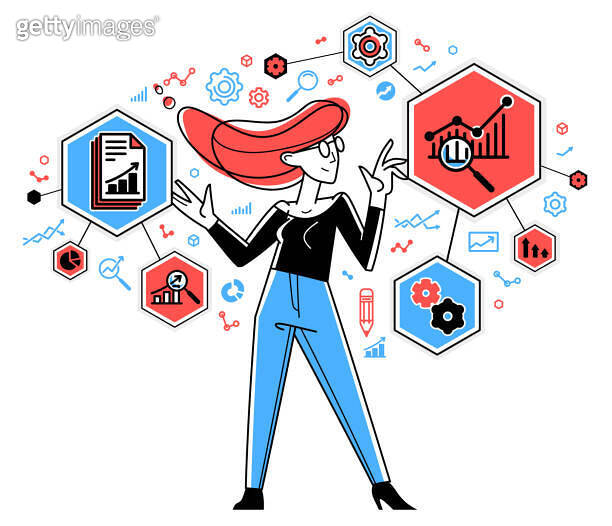 Worker Analyzes Some Data And Systematizing Information Vector Outline Illustration Abstract