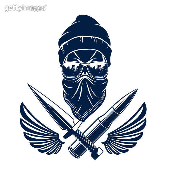 Skull bone head with weapon vintage vector emblem or logo isolated on ...