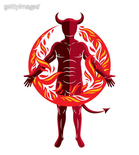 Athletic horned man surrounded by a fireball. Vector illustration of ...