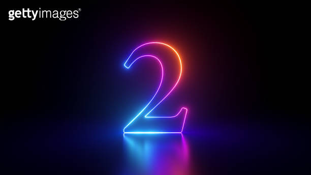 3d render, abstract linear neon number two, glowing digit isolated on ...