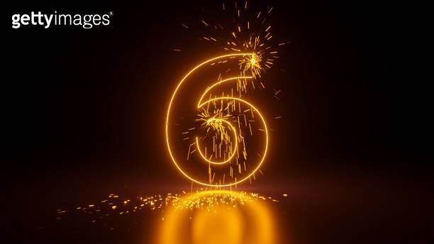 3d render, abstract sparkling linear number six, glowing digit 6 ...