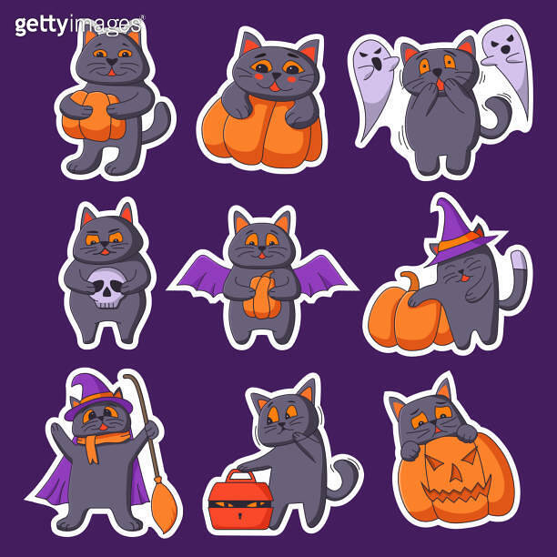 Happy halloween - cats sticker.Set cute black cartoon cats.Creepy black ...