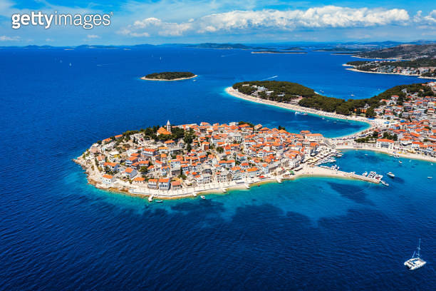 Aerial view of Primosten old town on the islet, Dalmatia, Croatia ...