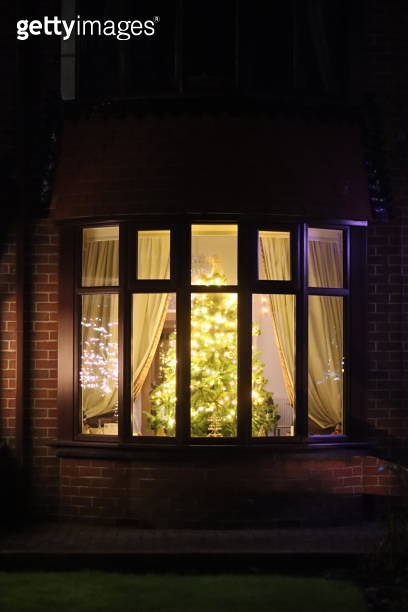 Christmas tree at night through a house window, covered in lights and ...