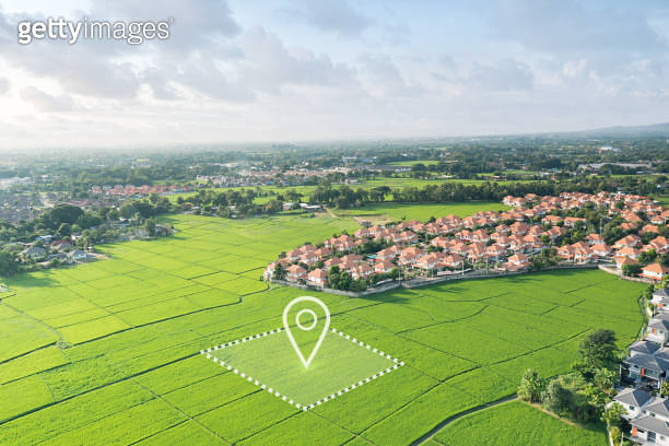 Land plot in aerial view. Gps registration survey of property, real ...