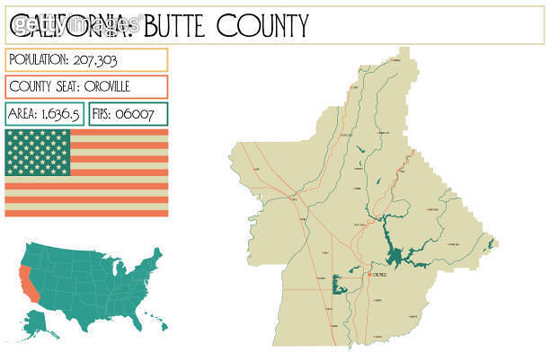 Map of Butte County in California, USA. 이미지 (1535798100) - 게티이미지뱅크