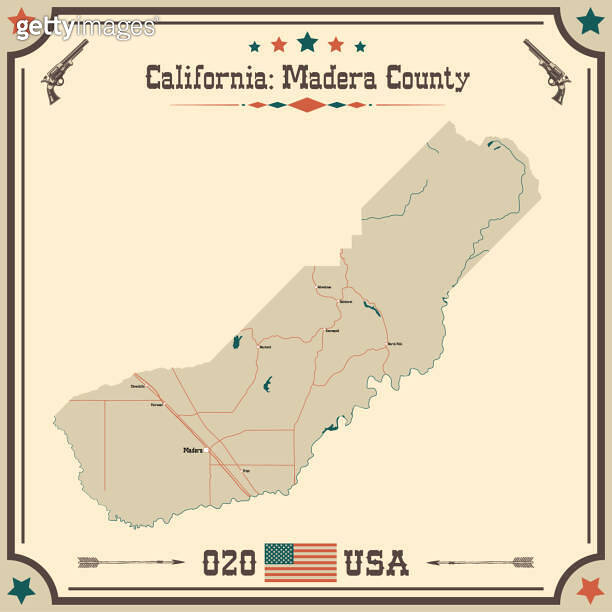Large and accurate map of Madera County, California, USA with vintage ...