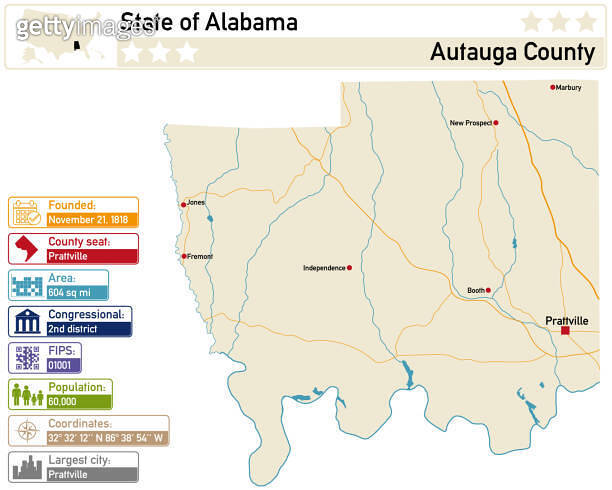 Detailed infographic and map of Autauga County in Alabama USA. 이미지 ...